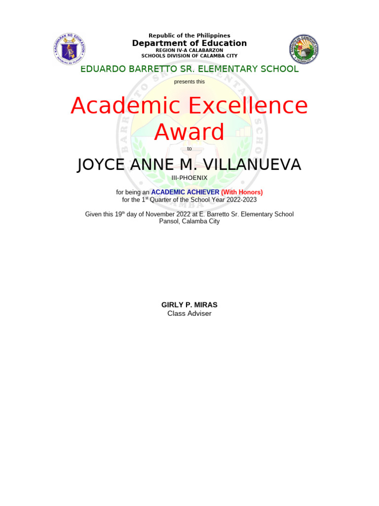 Classroom Award Certificate Template | PDF
