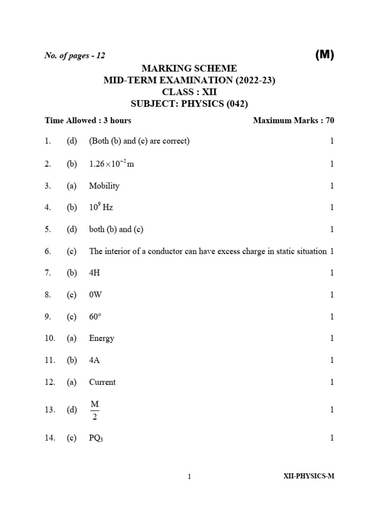 Physics Mid Term Answerkey 2022 12th | PDF | Physics | Electrical Engineering
