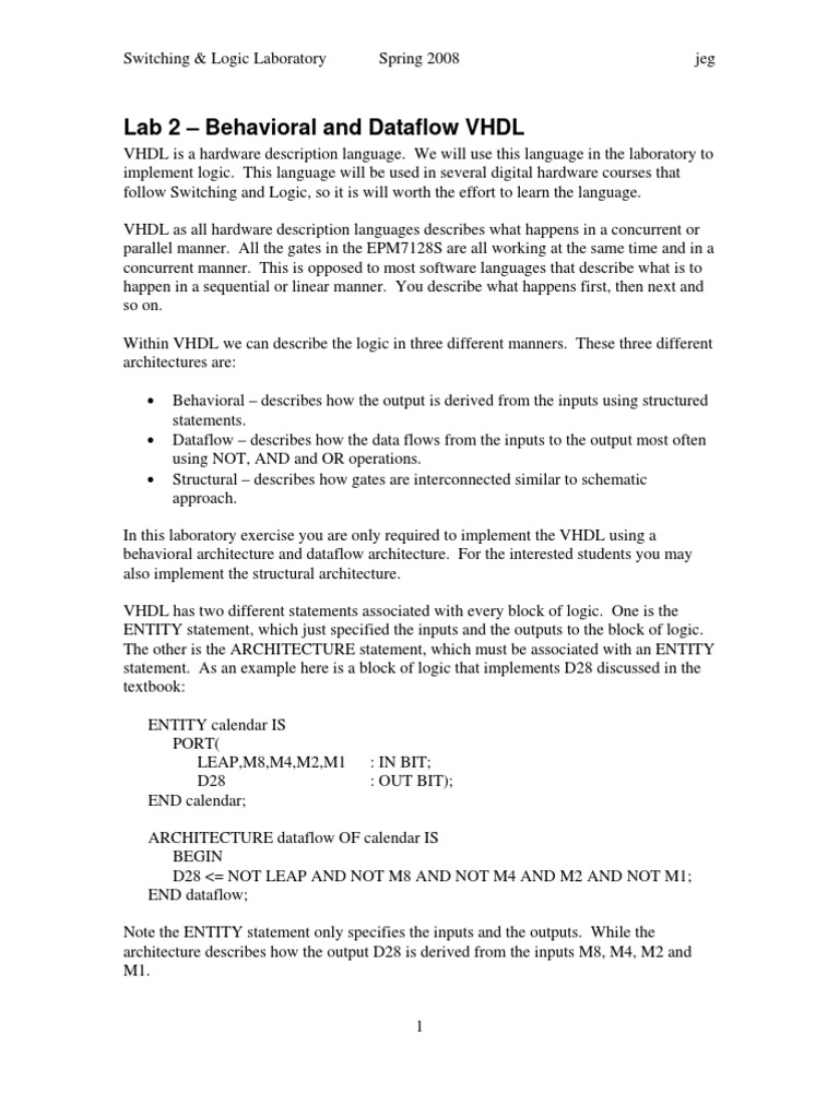 Lab 2 - Behavioral and Dataflow VHDL | PDF | Vhdl | Hardware Description Language