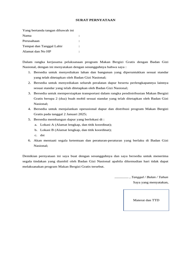 Surat Pernyataan Kerjasama MBG | PDF | Bisnis