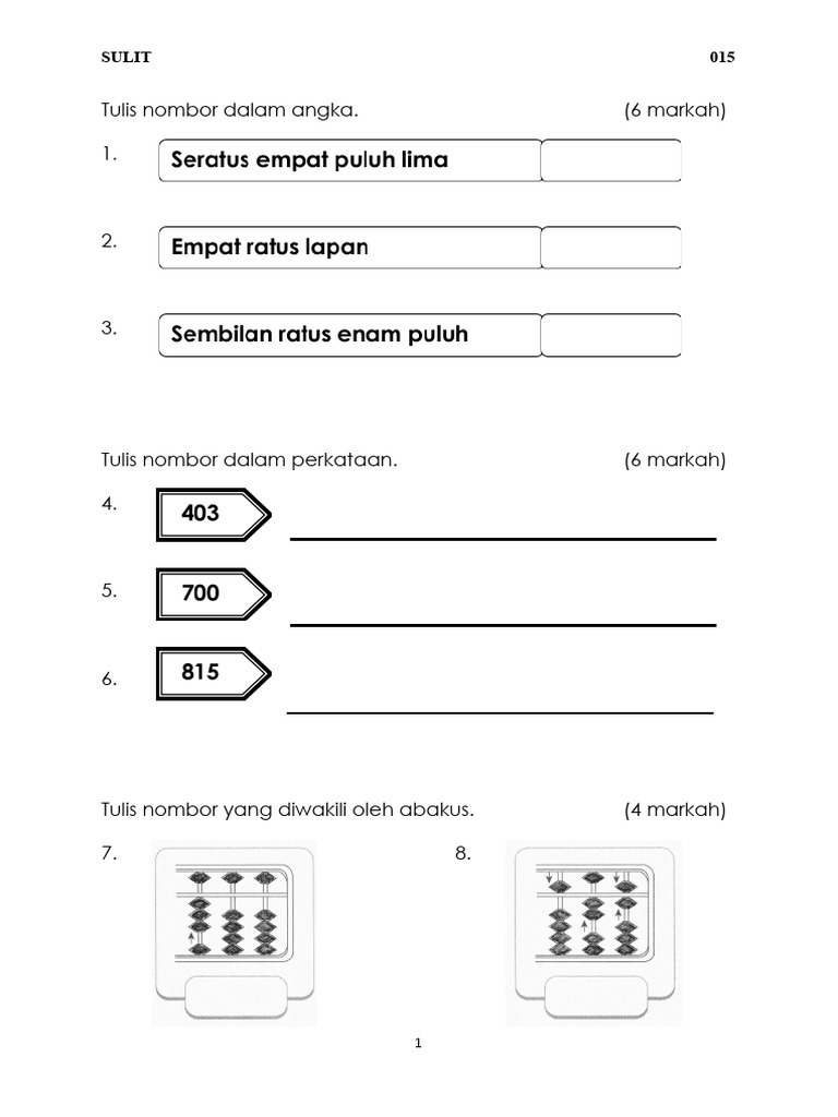 Soalan Ujian Matematik Tahun 2 PDF | PDF