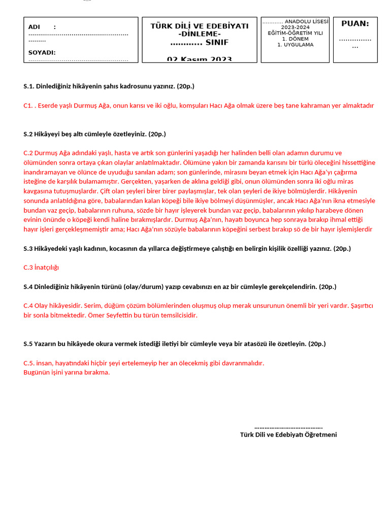 TDE 1.1 Dinleme Sorulari Cevaplari | PDF