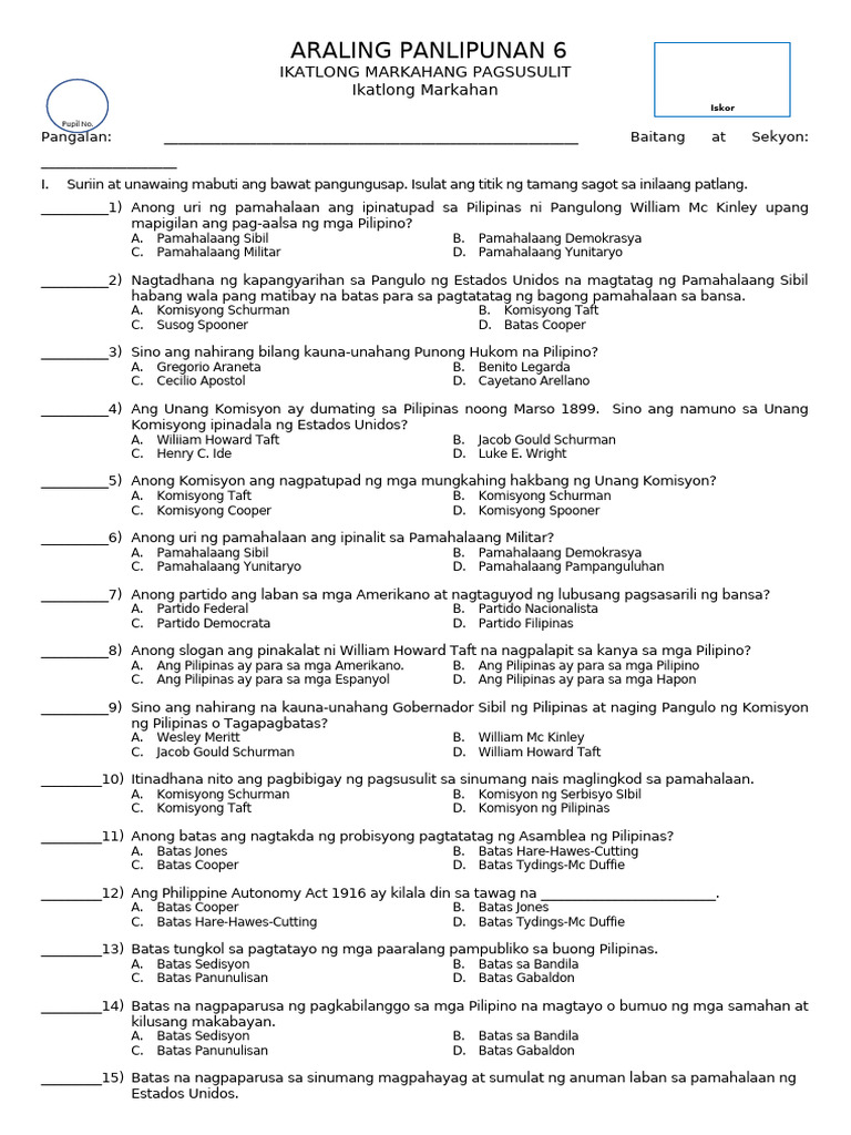 Araling Panlipunan 6: Ikatlong Markahang Pagsusulit Ikatlong Markahan | PDF