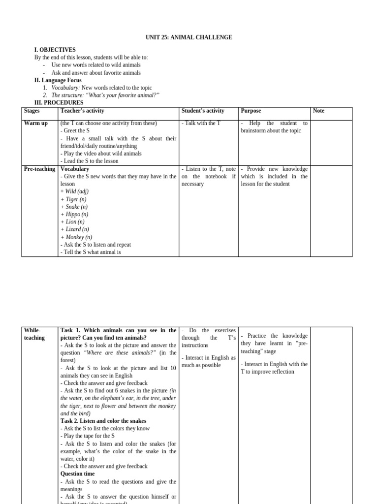 Animal Challenge Lesson Plan | PDF | Learning | Human Communication