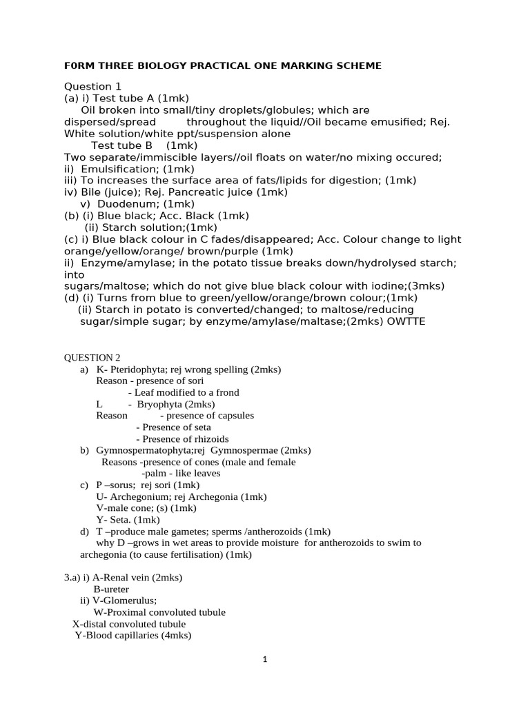 Form Three Bio Practical One Marking Scheme | PDF | Science & Mathematics