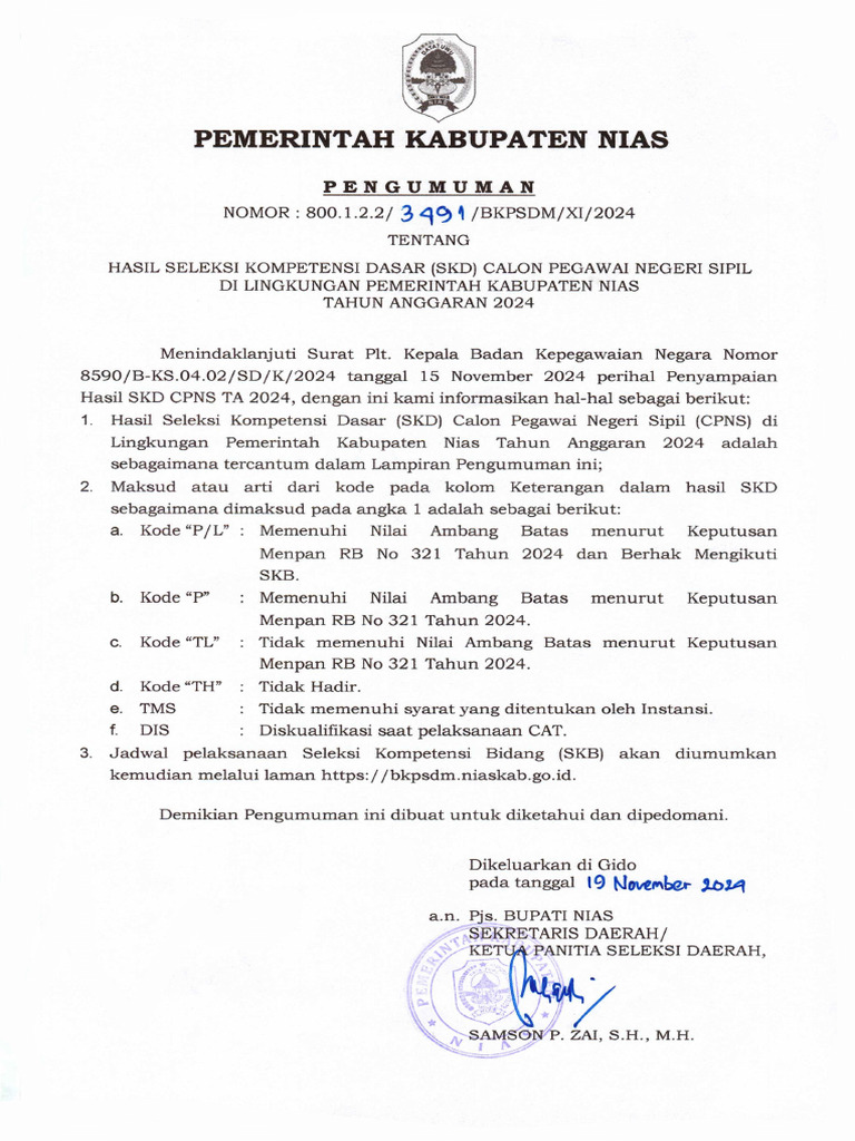 Hasil Seleksi SKD CPNS Pemkab Nias TA 2024 | PDF