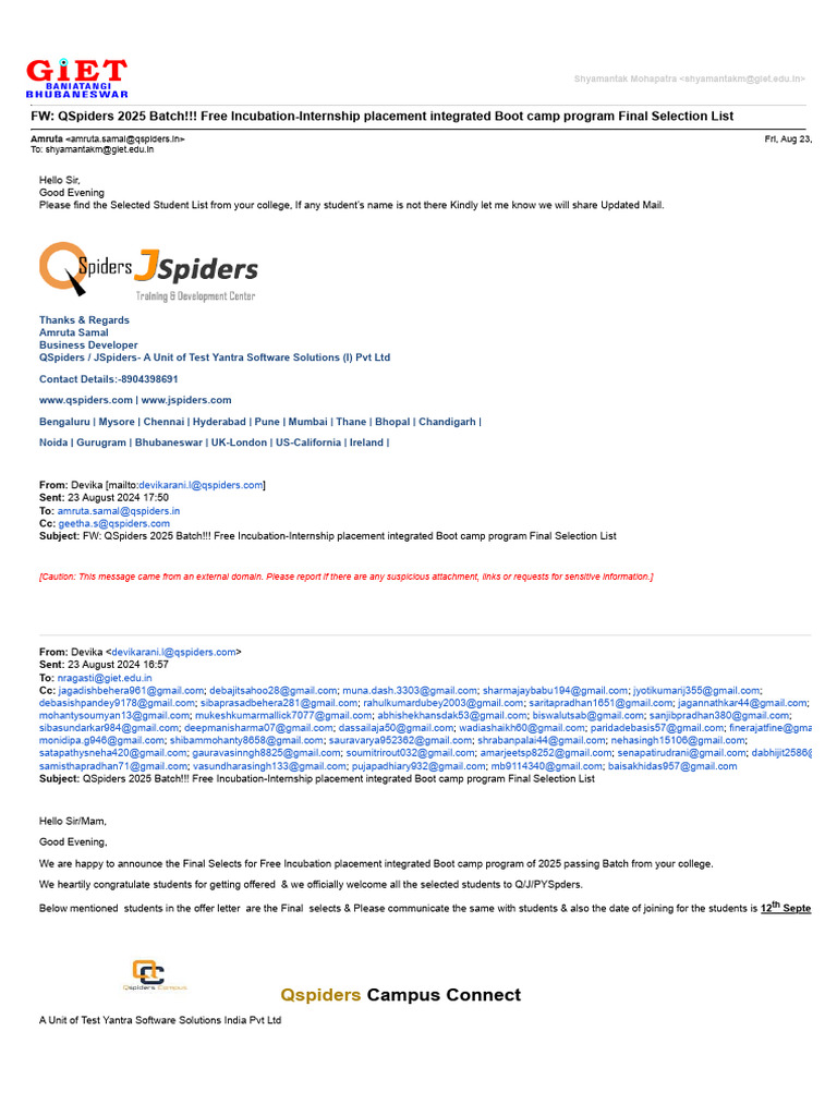 QSpiders 2025 Batch Selection List | PDF | Engineering | Science