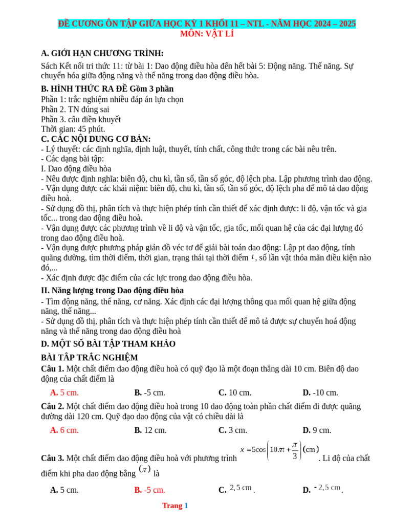 De Cuong Vat Li 11 Nam Hoc 24 25 | PDF