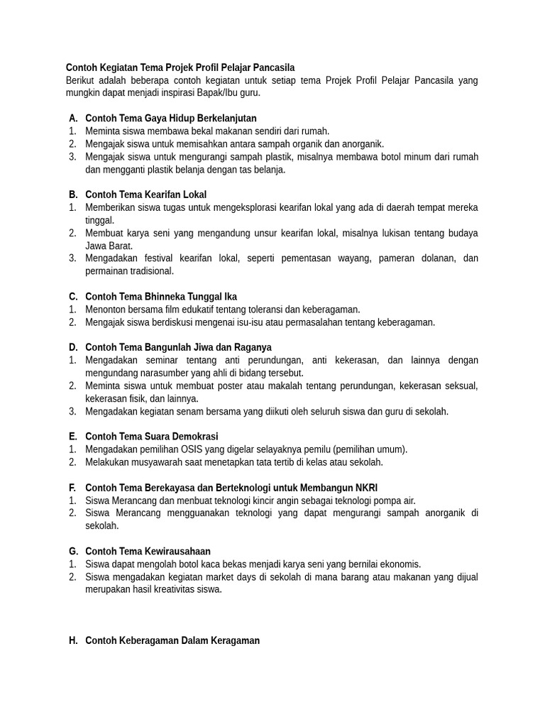 Contoh Kegiatan Tema Projek Profil Pelajar Pancasila | PDF | Ilmu ...