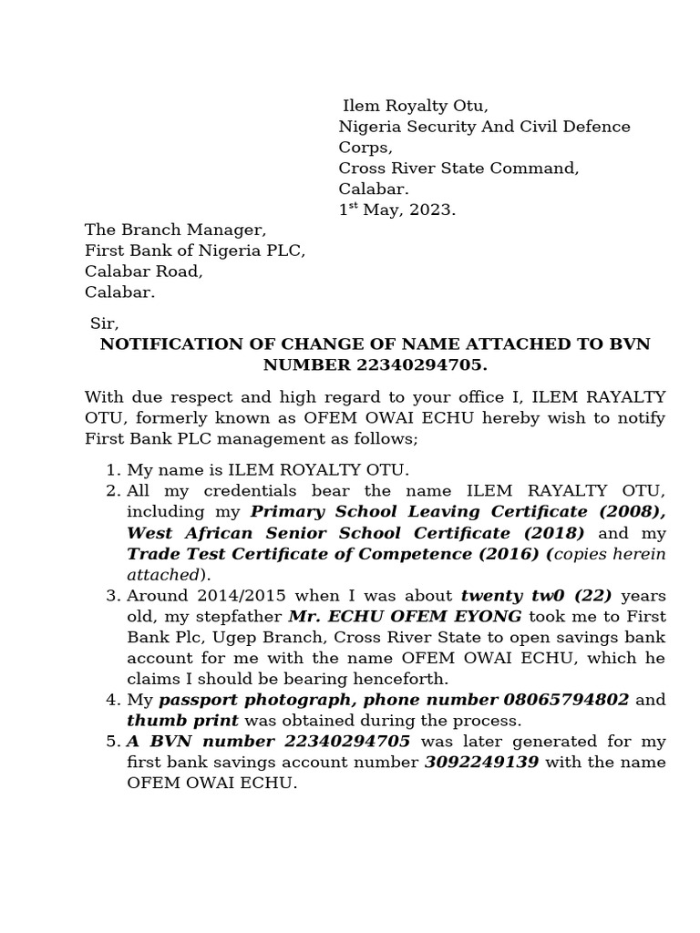 Change of Name Notification to Bank | PDF