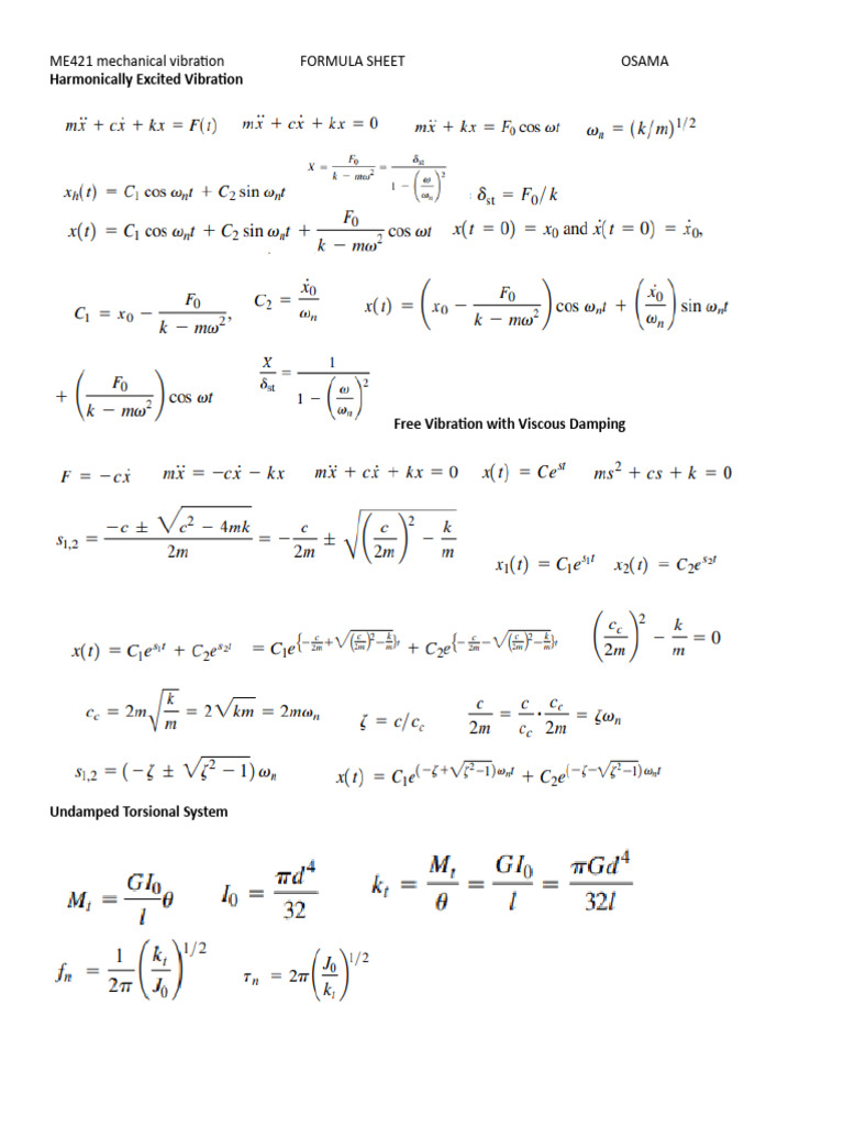 Formula Sheet Vibration | PDF