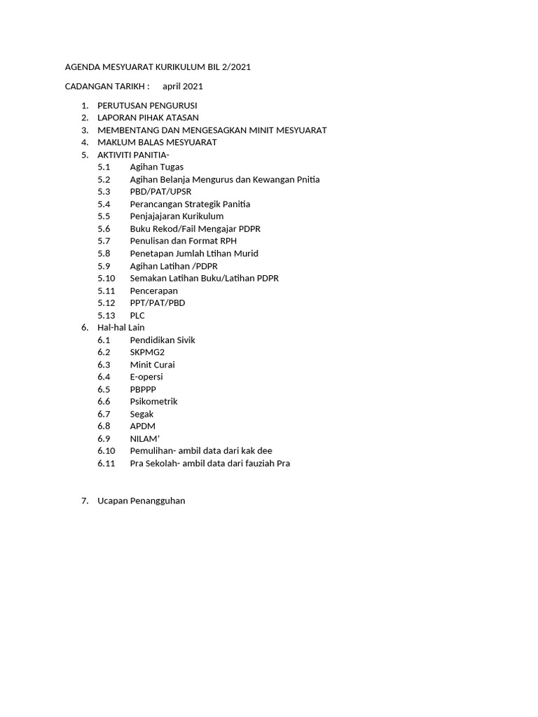 Agenda Mesyuarat Kurikulum 2021 | PDF