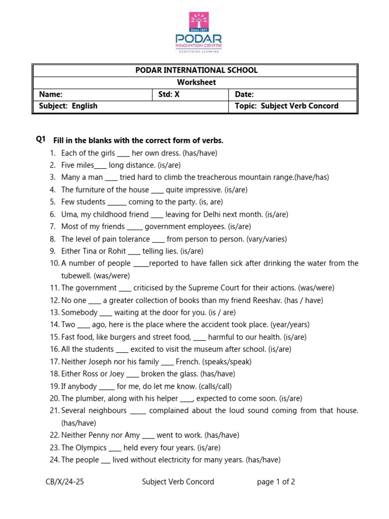 2.subject Verb Concord Worksheet | PDF
