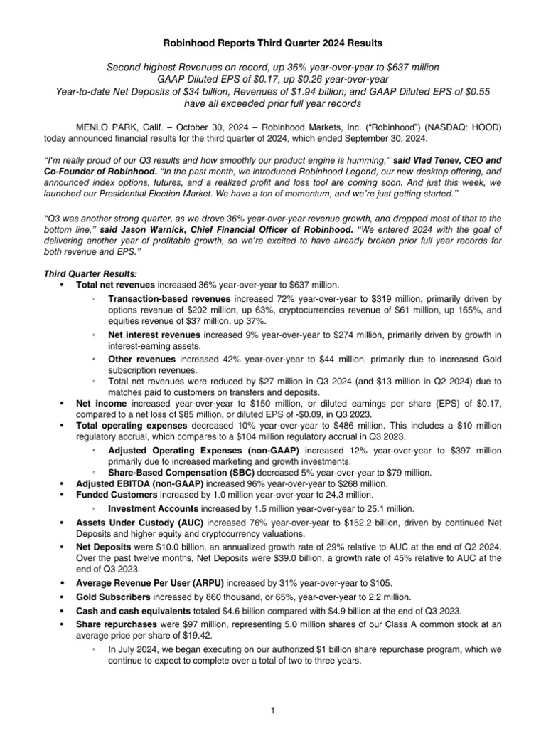 Q3-2024-Robinhood-Exhibit-99-1 | PDF | Debt | Finance & Money Management