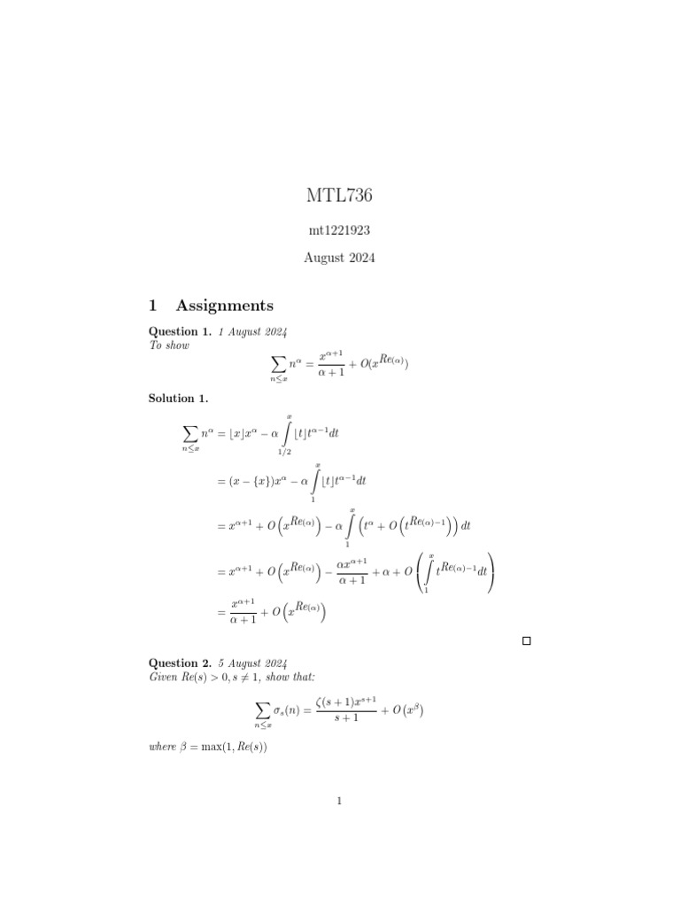 1 Assignments: mt1221923 August 2024 | PDF | Mathematics | Mathematical Analysis