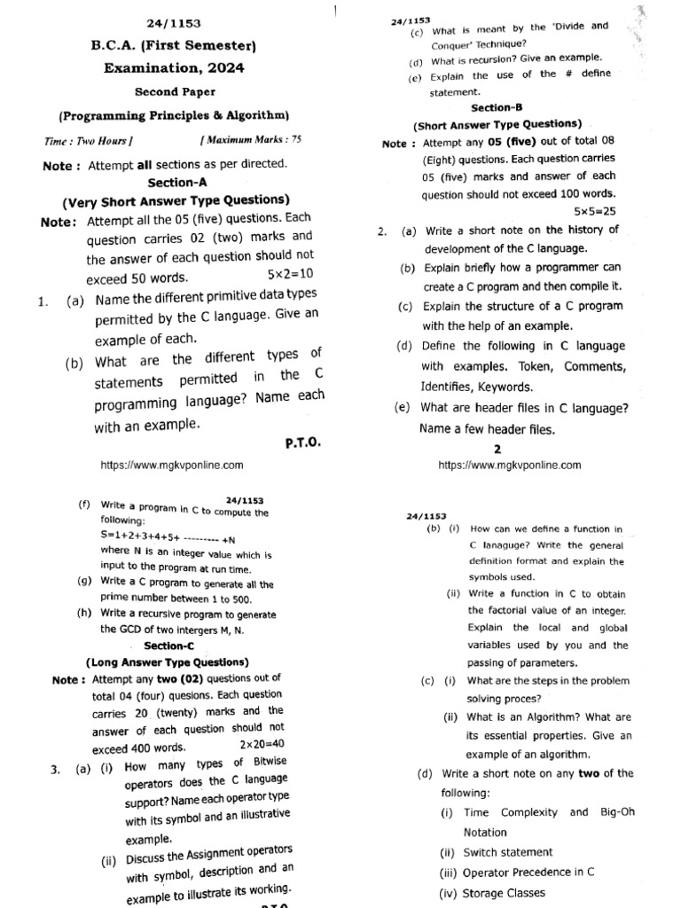Bca 1 Sem Programming Principles and Algorithm 1153 2024 | PDF