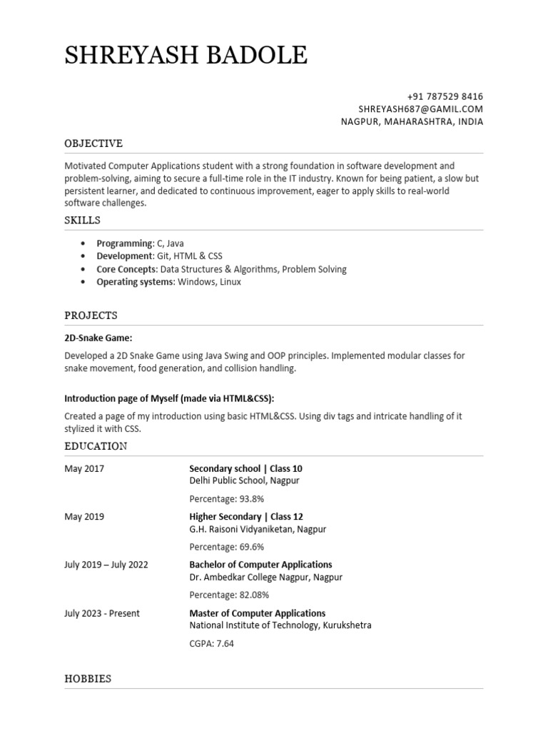 Shreyash Badole Resume | PDF | Computers