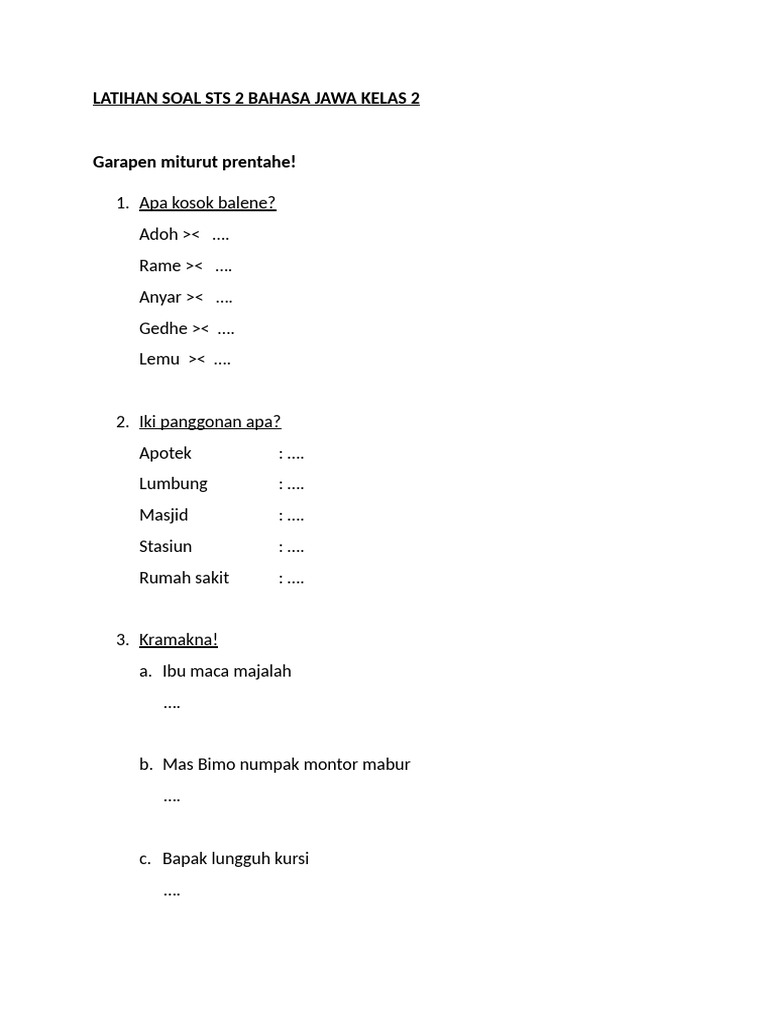 Latihan Soal Sts 2 Bahasa Jawa Kelas 2 | PDF