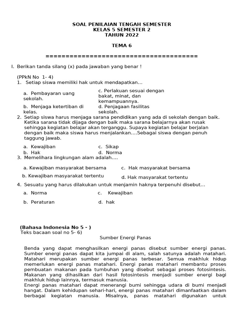 SOAL PTS Kelas 5 TEMA 6 SUB 1 DAN 2 - KAMIMADRASAH | PDF | Ilmu Sosial | Kajian Bahasa Asing