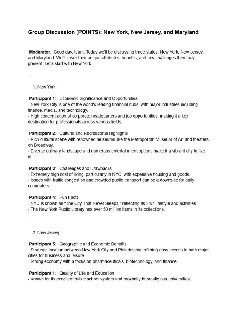 Group Discussion (POINTS) - New York, New Jersey, and Maryland | PDF ...