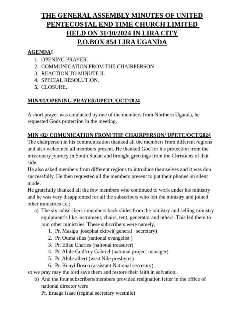 The General Assembly Minutes of United Pentecostal End Time Church ...