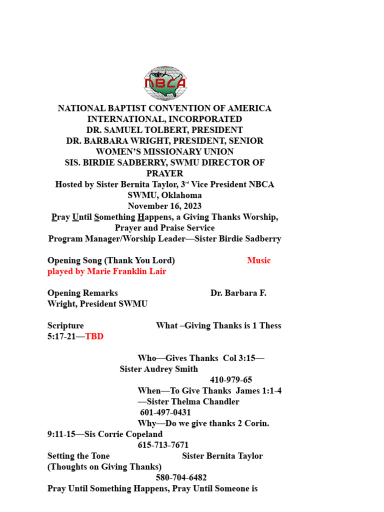 November 16 NBCA SWMU PUSH Giving Thanks Program | PDF