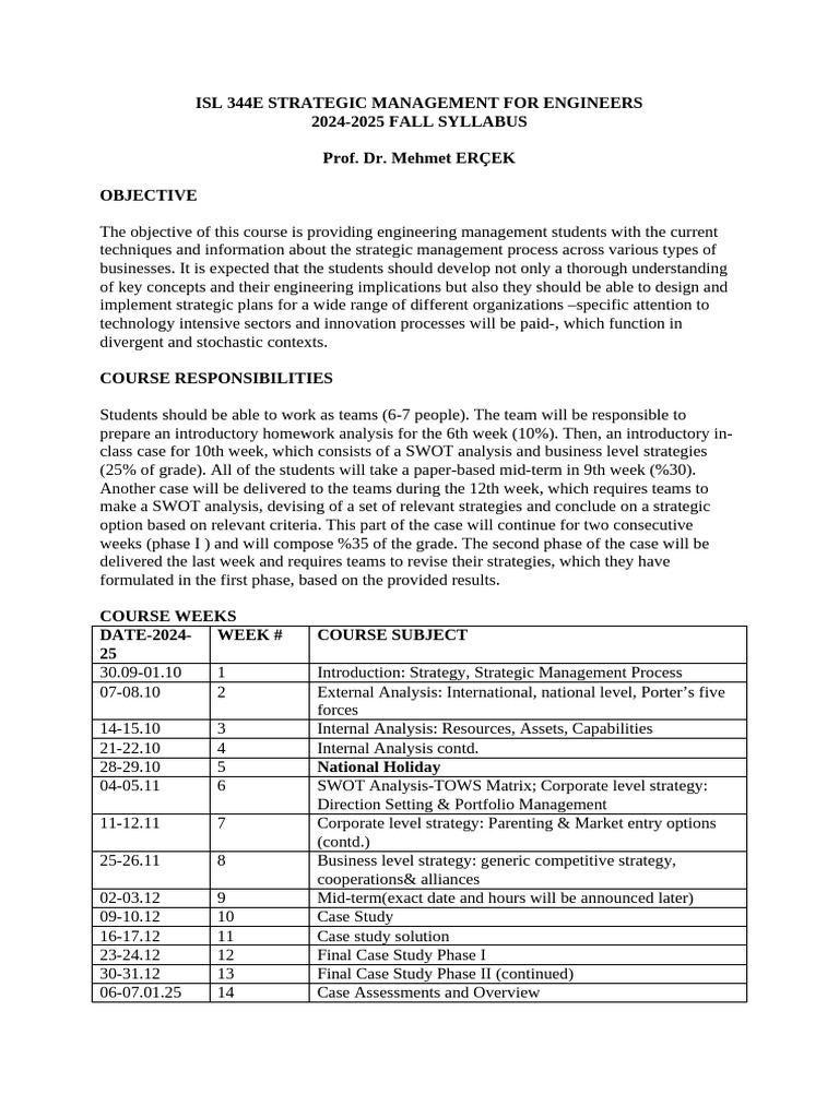 ISL 344E STRATEGIC MANAGEMENT FOR ENGINEERS-2024-25fall | PDF | Strategic Management | Swot Analysis