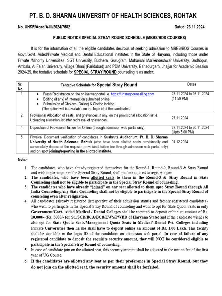 Pt. B. D. Sharma University of Health Sciences, Rohtak: Special Stray ...