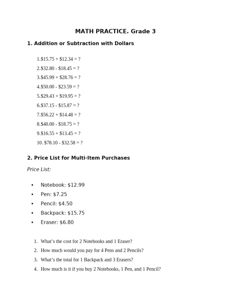 Grade 3 Math: Money Calculations | PDF