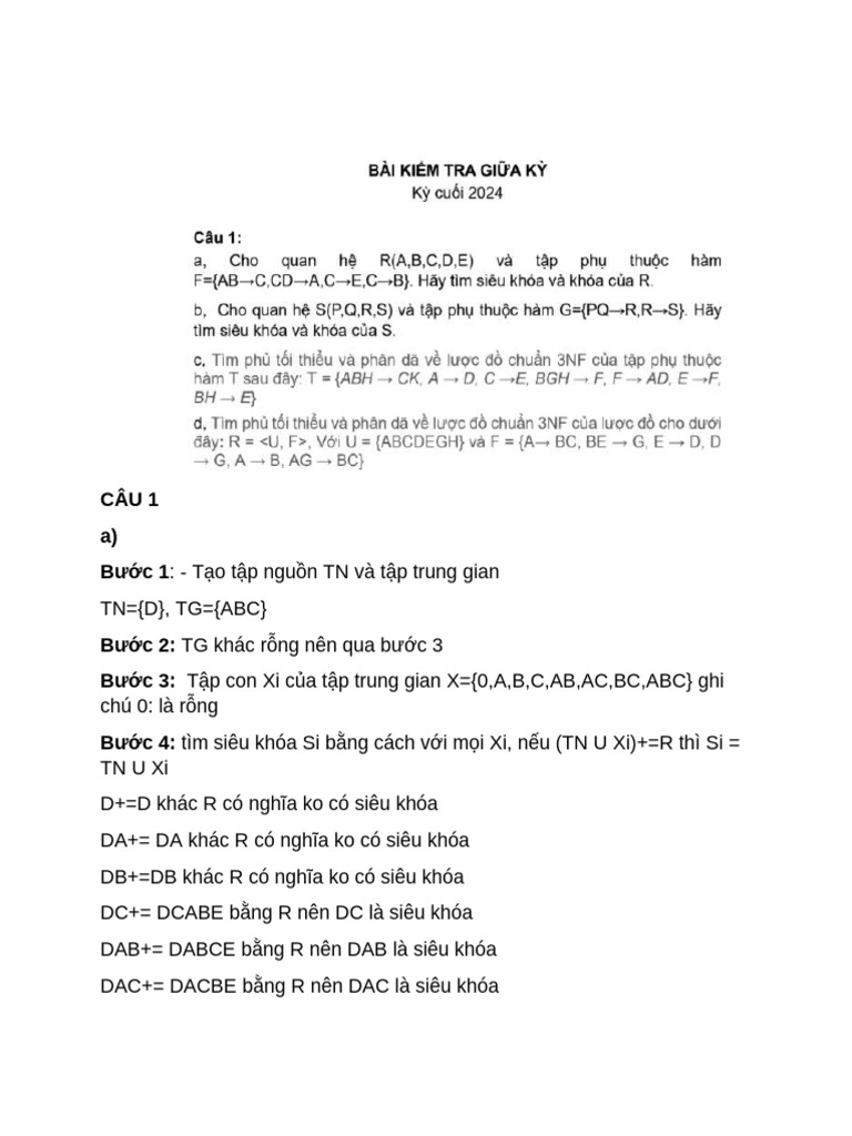 CSDL BÀI TẬP GK | PDF