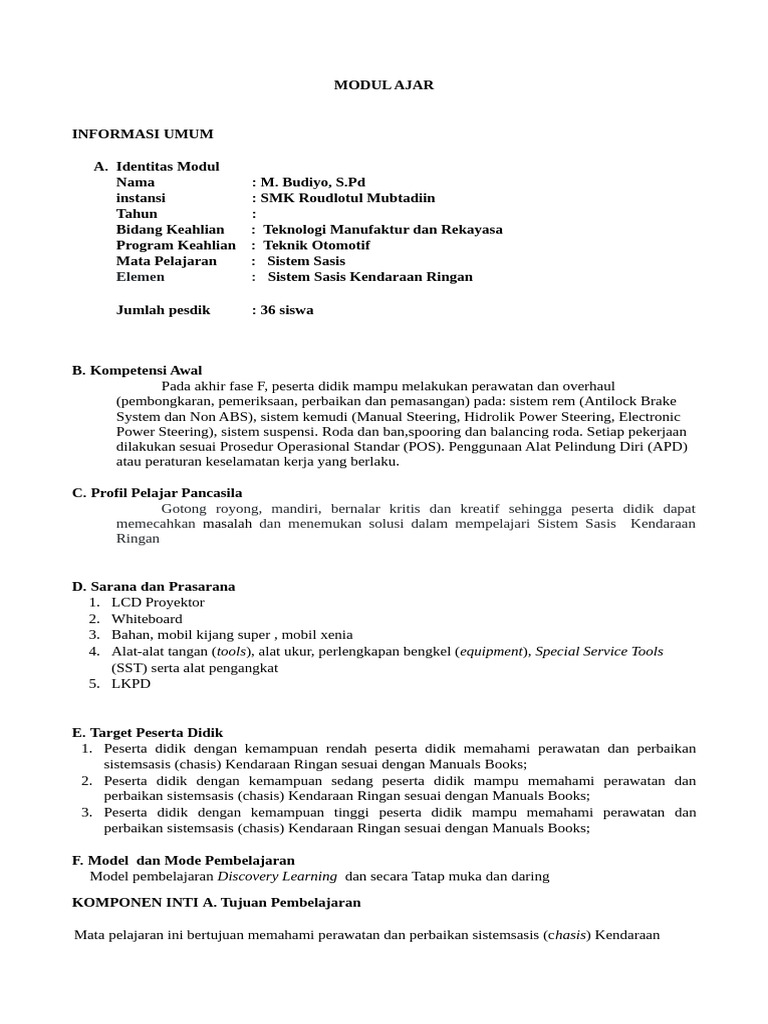 Modul Ajar Sistem Sasis Kendaraan Ringan | PDF