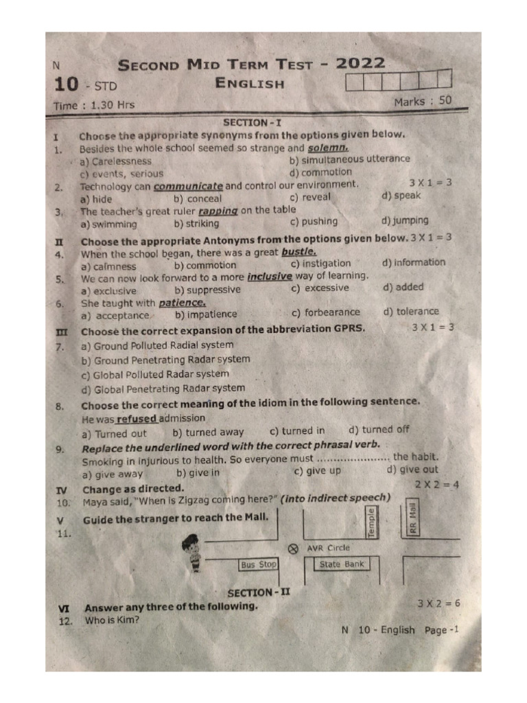 10th English 2nd Mid Term Exam Original Question Paper 2022 2023 Thiruvannamalai District ...