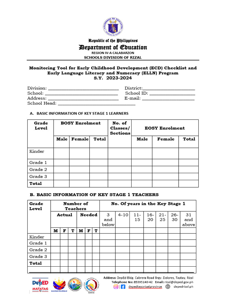ECD and ELLN Monitoring Tool 2023-2024 | PDF | Literacy | Learning