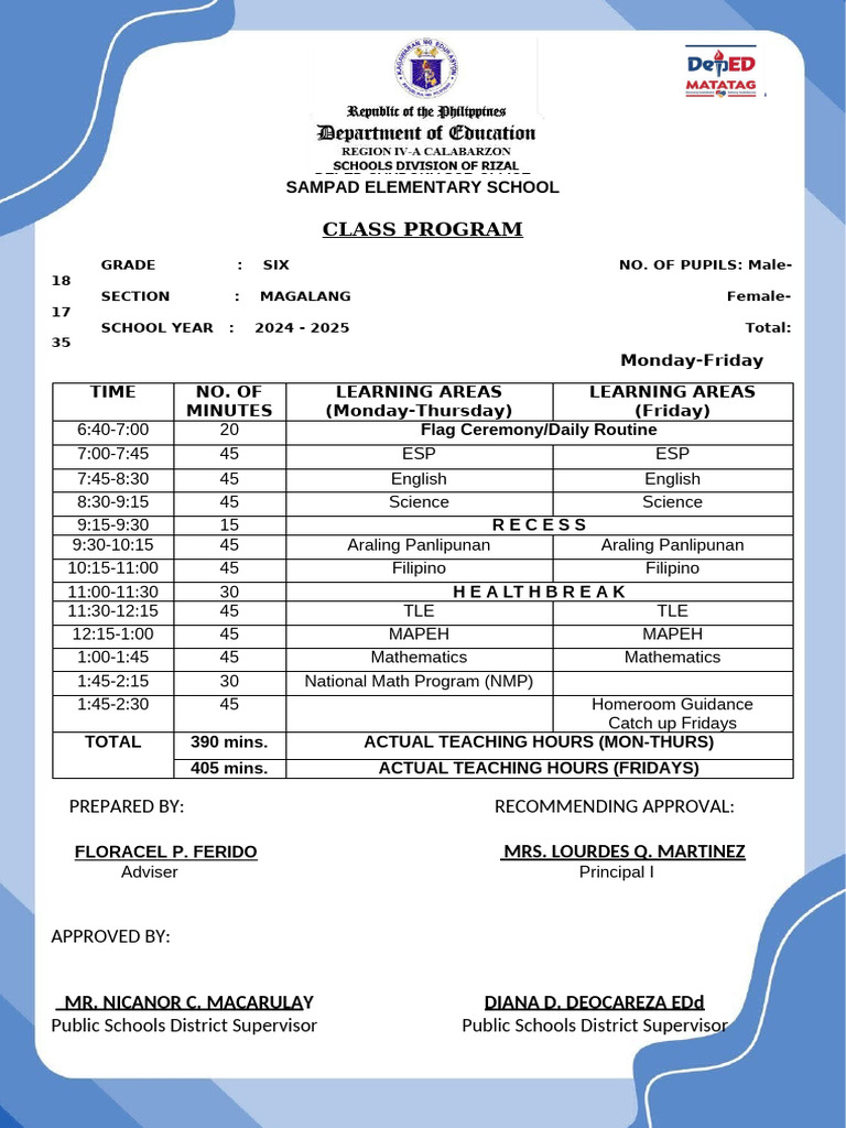 Tentative Grade 6-Matapat - Class-Program - Sy-2024-2025 - 01 | PDF
