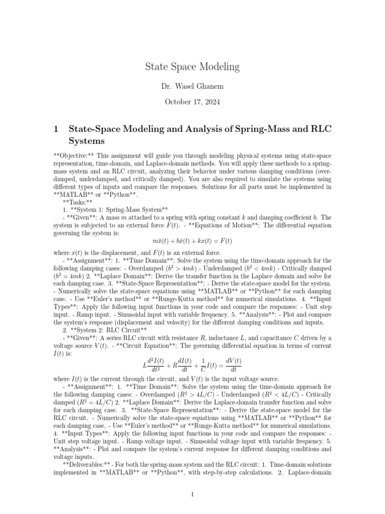 Homework State Space Modeling | PDF | Damping | Physics