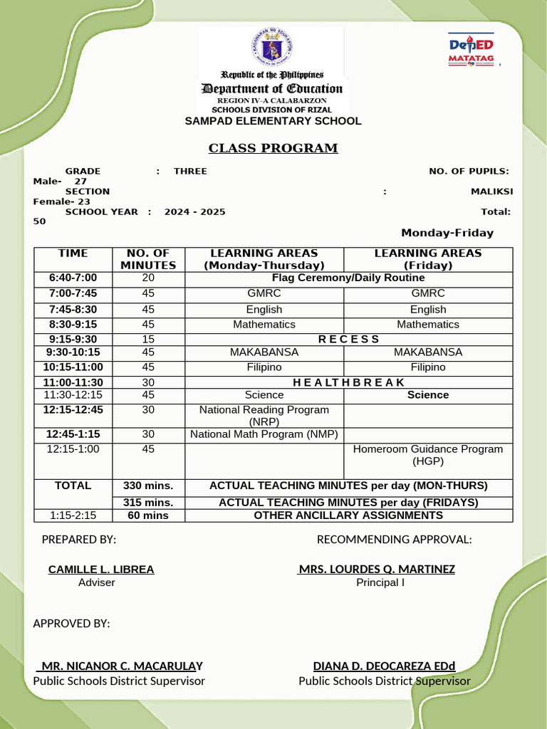 Tentative Grade 3 Maliksi Class Program Sy 2024 2025 01 | PDF