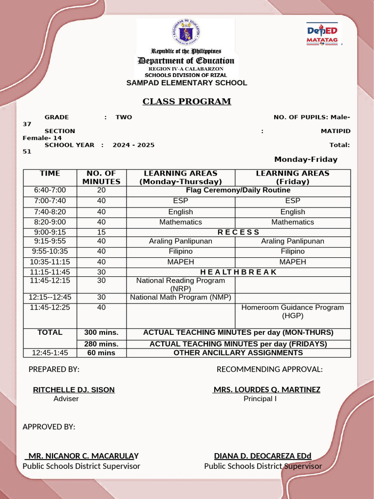 Tentative Grade 2-Matipid - Class-Program - Sy-2024-2025 - 01 | PDF