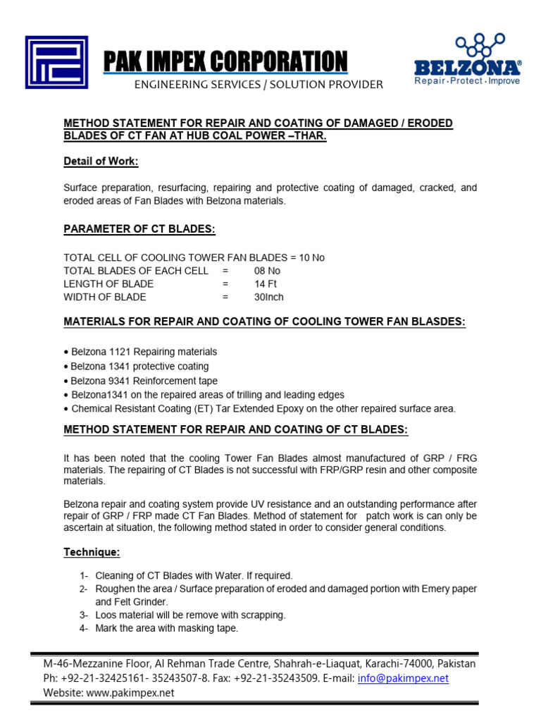 Method Statement For Repair and Coating of Damaged CT Fan Blades. Dated ...