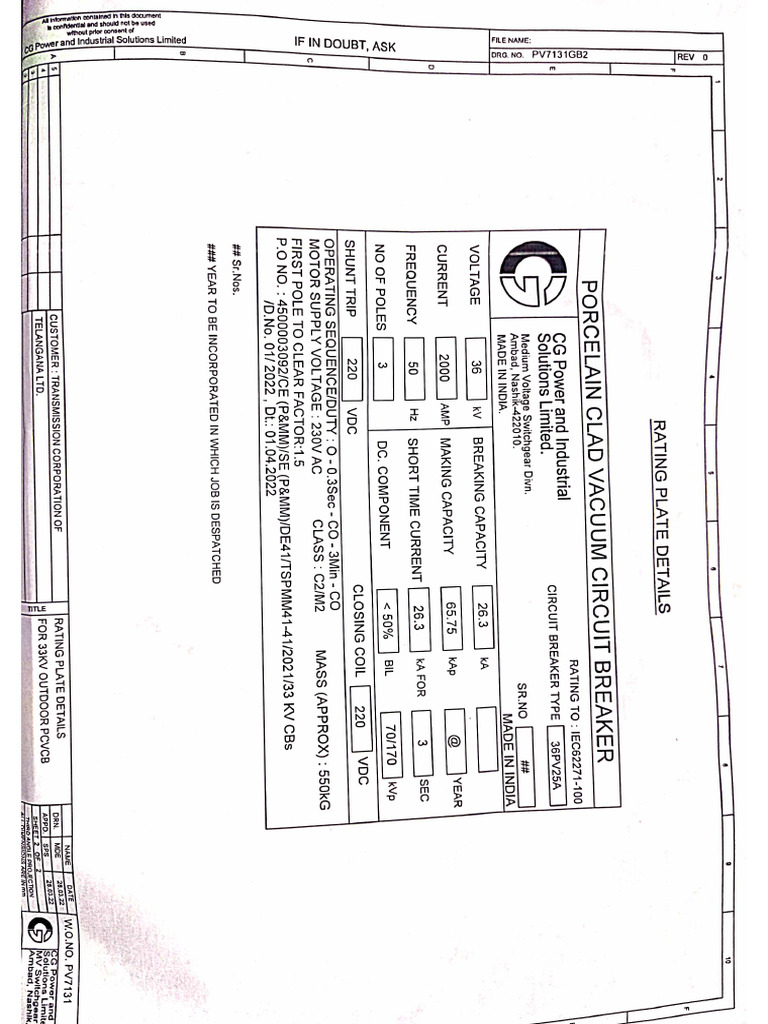 33KV CGL Breaker Drawing | PDF