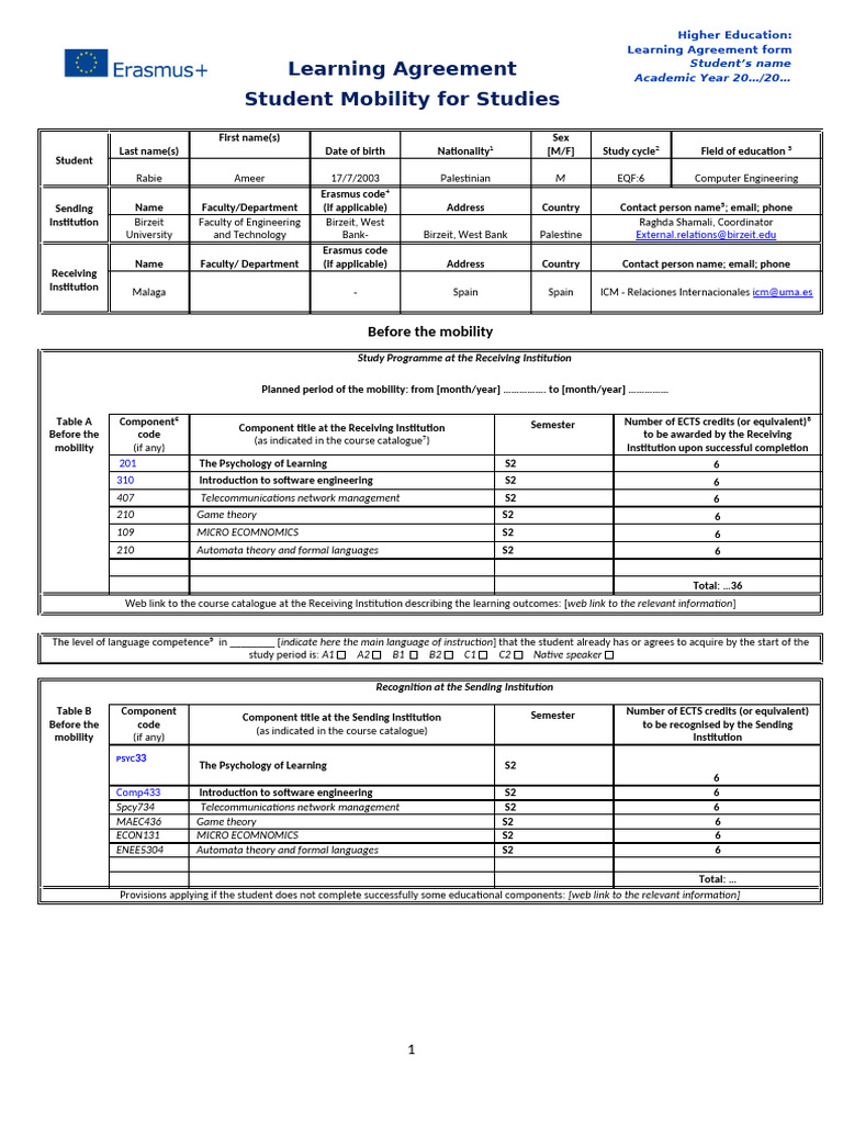 Learning Agreement Form | PDF | Information | Learning