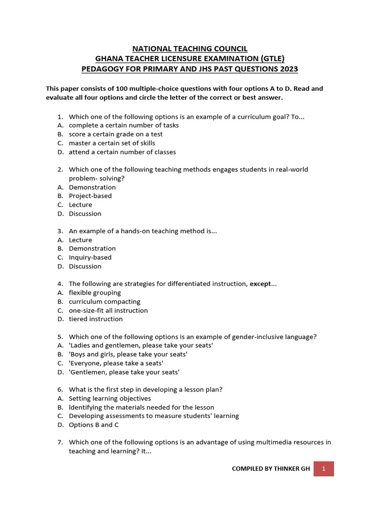 GTLE Pedagogy Past Questions 2023 | PDF | Educational Assessment | Teachers