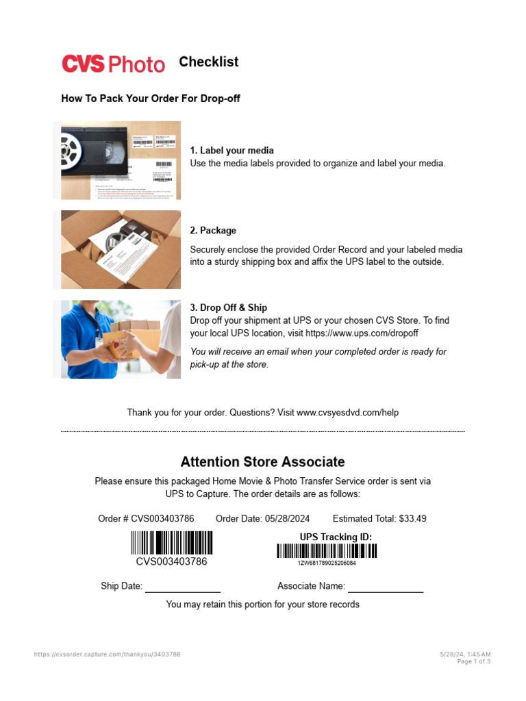 Order Confirmation - Transfer Home Movies & Photos - CVS Photo | PDF ...