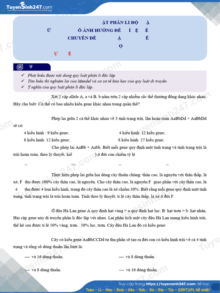 De Thi BTVN Quy Luat Phan Li Doc Lap Va Nhung Nhan To Anh Huong Den Ti Le Kieu Hinh Mendel ...