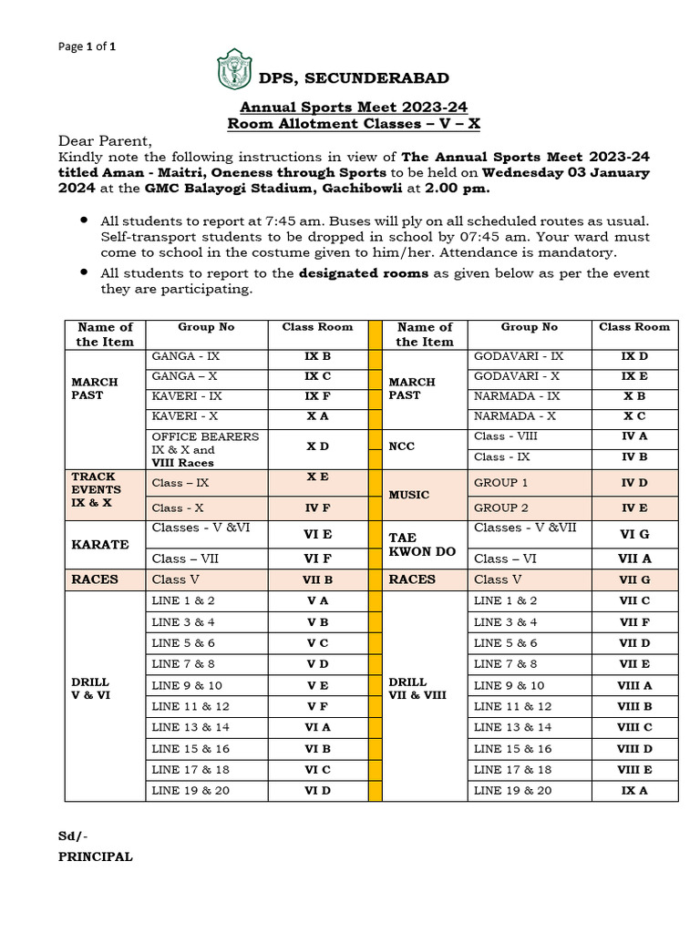 Sports Day - V - X - Room Allotment ( | PDF