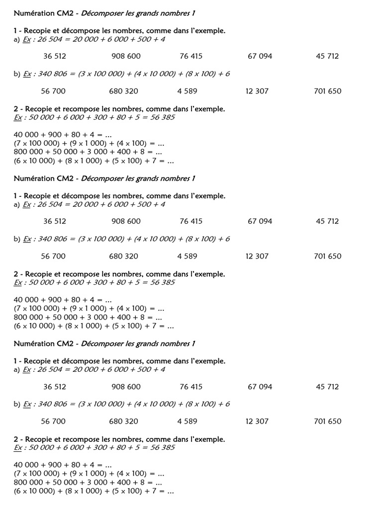 Décomposition des grands nombres CM2 | PDF