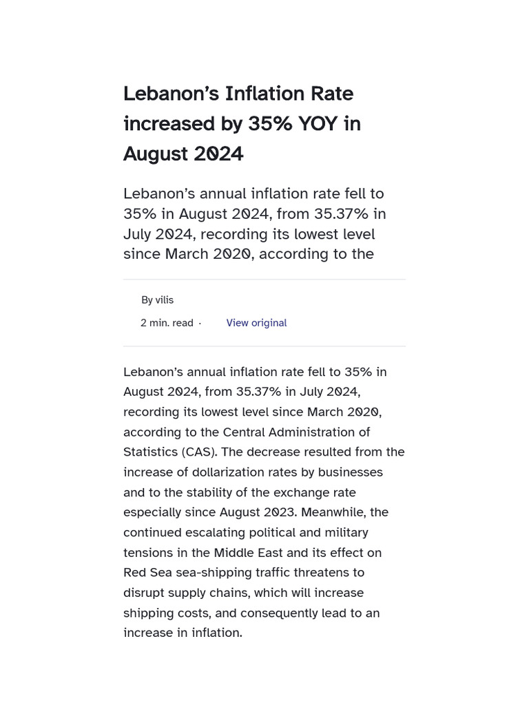 Lebanon's Inflation Rate Increased by 35% YOY in August 2024 | PDF