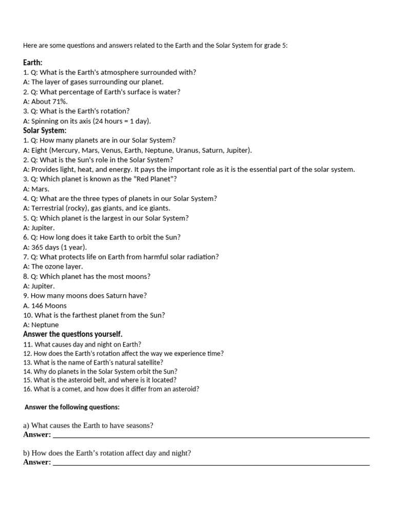 Grade 5 Solar System Q&A Worksheets | PDF | Planets | Solar System