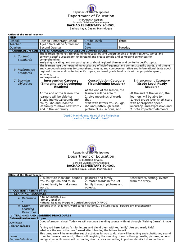 Grade 3 English Lesson Plan: -et Family | PDF | Vocabulary | Applied ...