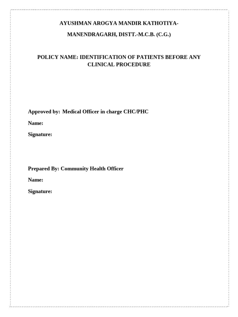 Policy For Identification of Patient Before Any Clinical Procedure (P ...