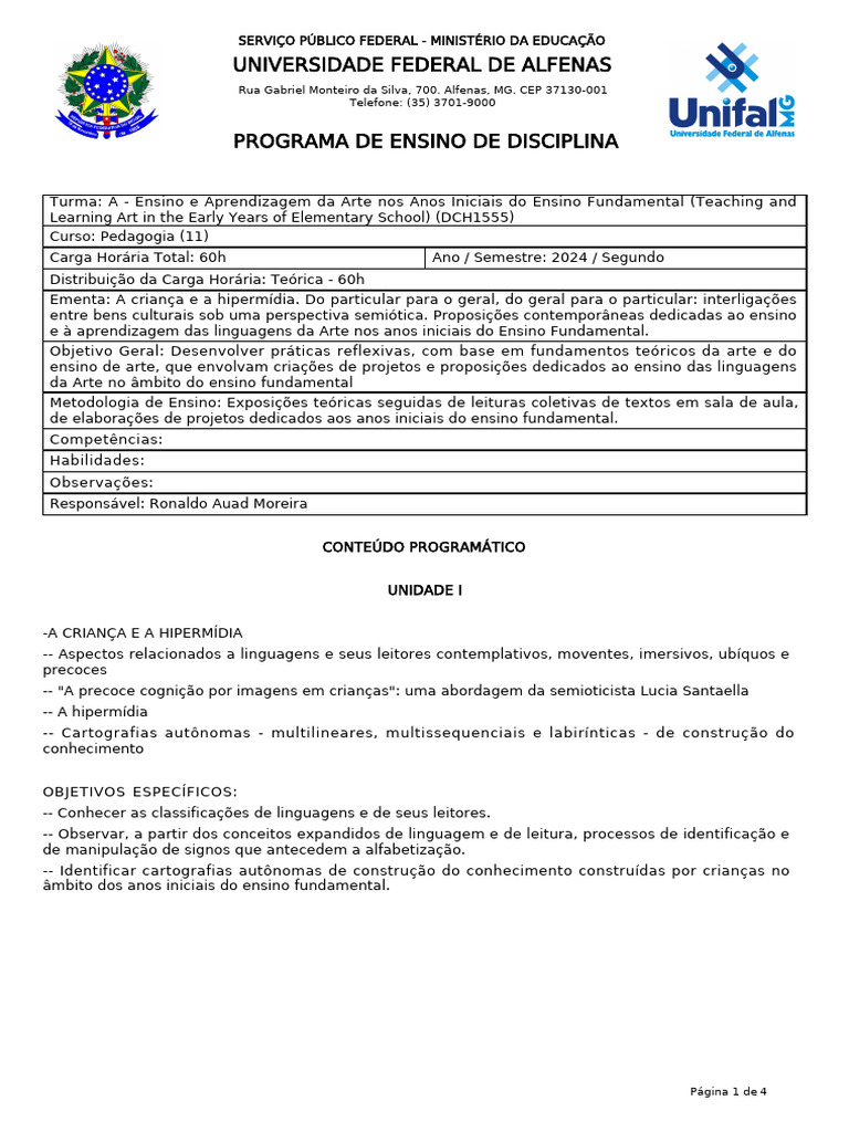 Programa Da Disciplina Ensino e Aprendizagem Da Arte Nos Anos Iniciais Do Ensino Fundamental ...